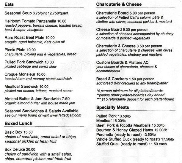 Menu at Fatted Calf restaurant, San Francisco