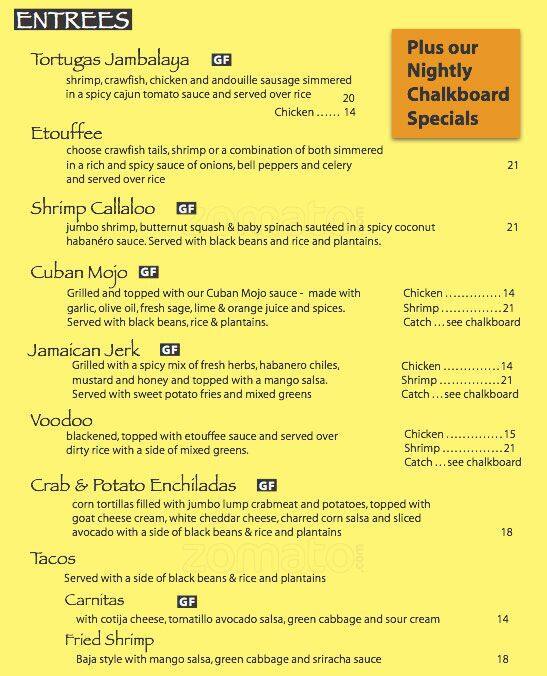 Menu at Tortugas restaurant, Longmont