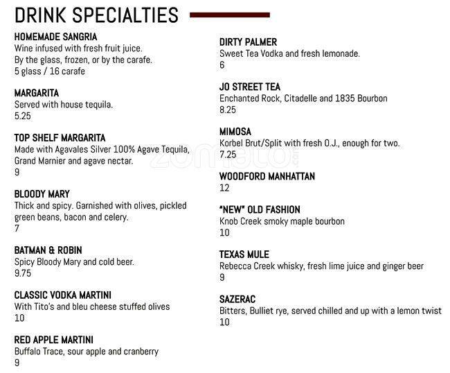 Menu at Josephine Street steakhouse, San Antonio