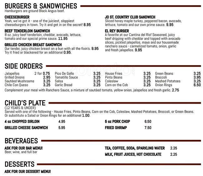 Menu at Josephine Street steakhouse, San Antonio