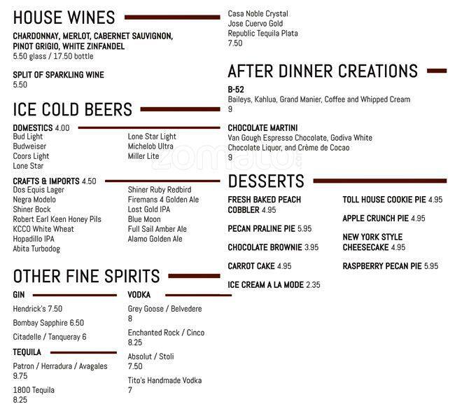 Menu at Josephine Street steakhouse, San Antonio