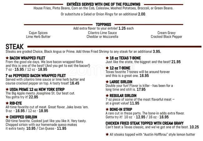 Menu at Josephine Street steakhouse, San Antonio