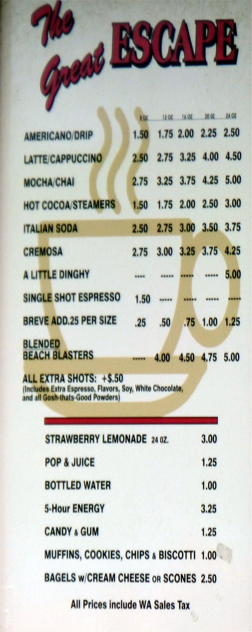 Menu at The Great Escape, Long Beach