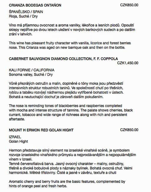 Menu at Terrace Grill Mánes BBQ, Prague