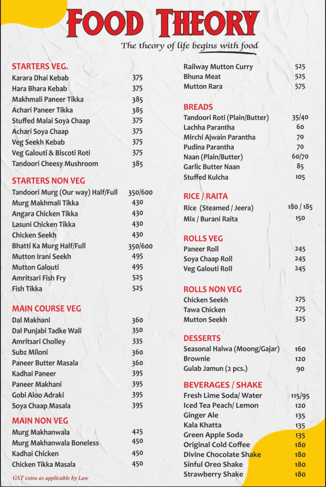 Menu of Food Theory, Delhi Cantt., New Delhi