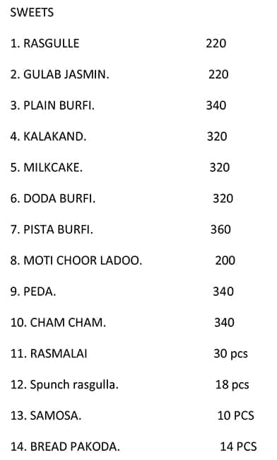 Menu of Sandeep Sweets, Sector 17, Gurgaon