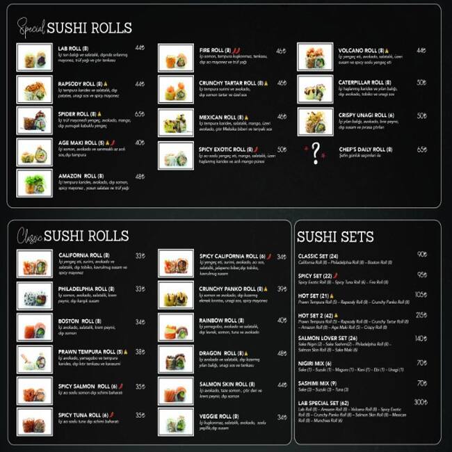 Carta de Sushi LAB, Estambul, Nüzhetiye Cd. 37/A