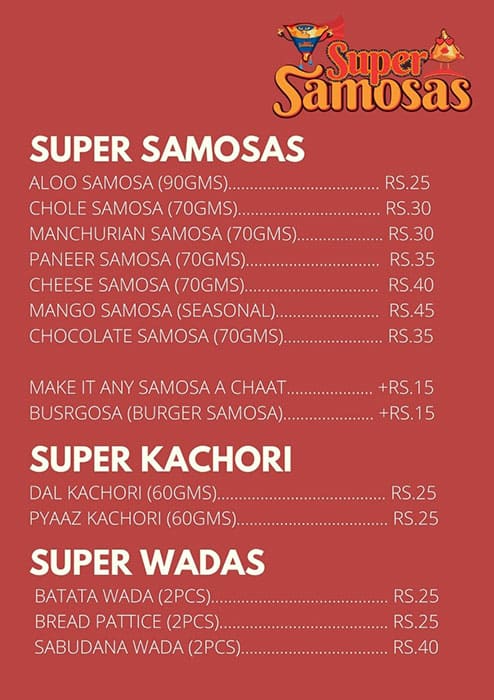 Menu of Super Samosas, Wadgaon Sheri, Pune