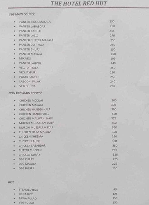 Menu of The Hotel Red Hut, Wagholi, Pune