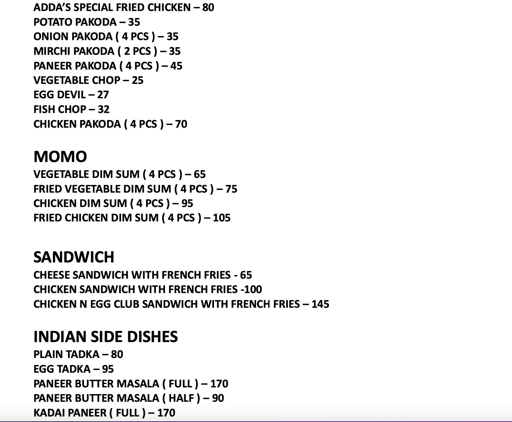 Menu of Adda Zone, New Town, Kolkata
