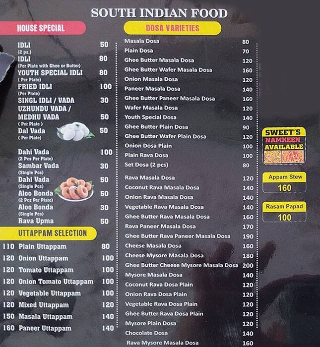 Menu of Youth Dosa Restaurant, New Ashok Nagar, Noida