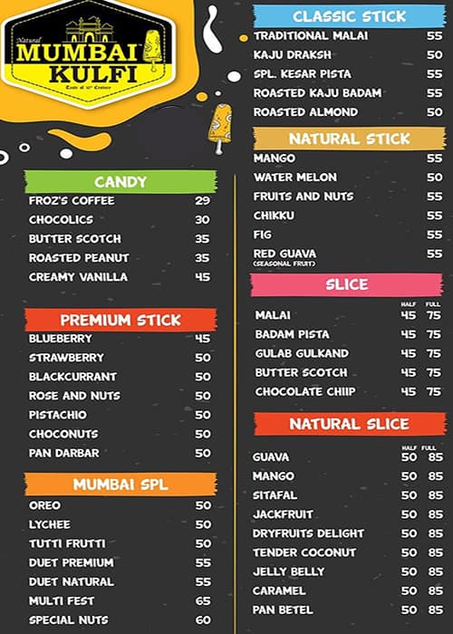 Menu of Mumbai Kulfi, KR Puram, Bangalore