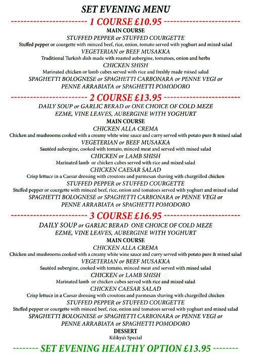 Menu at Kilikya's restaurant, London