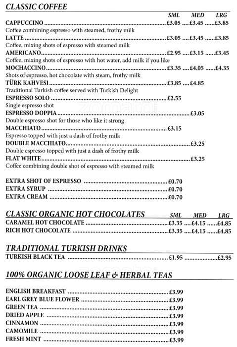 Menu at Kilikya's restaurant, London