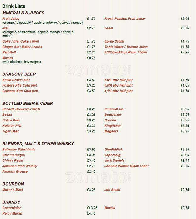 Menu at Cinnamon Lounge restaurant, Isleworth, 181 Twickenham Rd