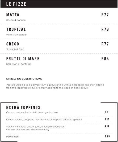 Carta del restaurante La Grapperia Bistro & Wilderer, Paarl