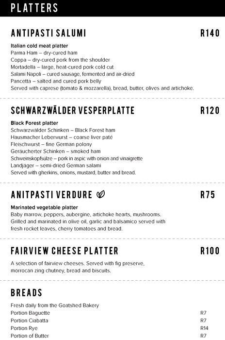 Carta del restaurante La Grapperia Bistro & Wilderer, Paarl