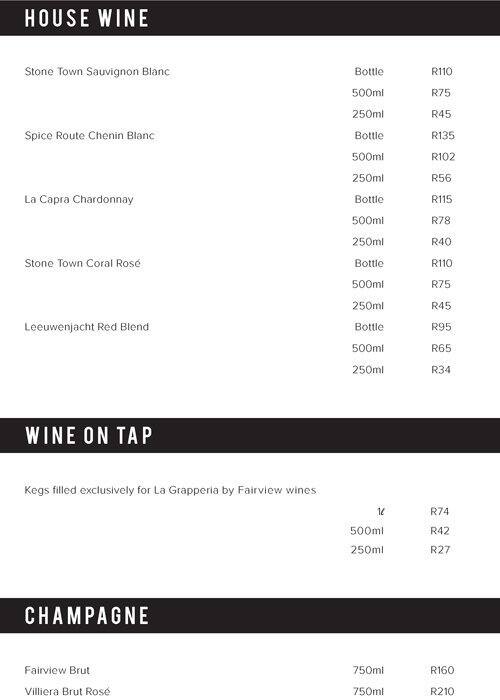 Speisekarte von La Grapperia Bistro & Wilderer restaurant, Paarl