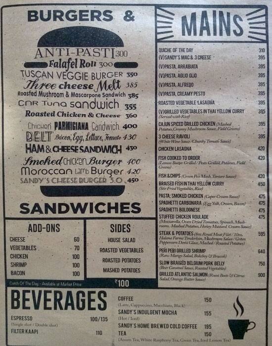 Menu at Sandy's Kitchen & Chocolate Laboratory, Chennai, No.84