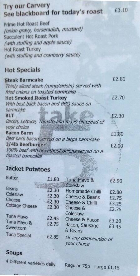 Menu at Take 5 @ 55 cafe, Manchester