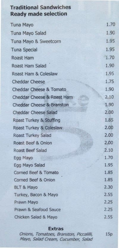 Menu at Take 5 @ 55 cafe, Manchester