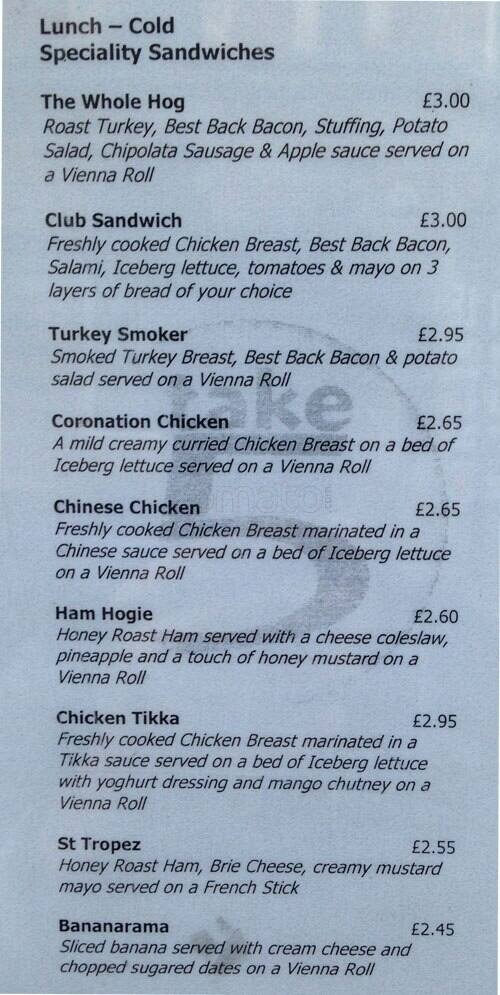 Menu at Take 5 @ 55 cafe, Manchester