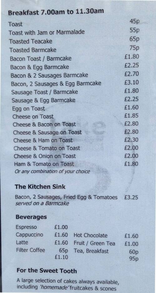 Menu at Take 5 @ 55 cafe, Manchester