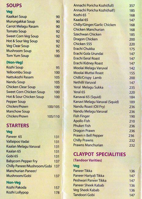 Menu at Annachi, Chennai, 70 Siva Elango Salai Feet Road