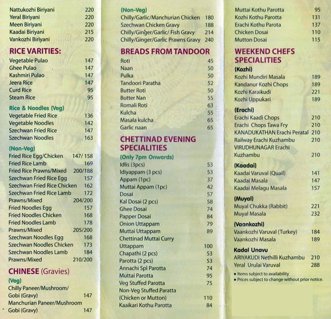 Menu at Annachi, Chennai, 70 Siva Elango Salai Feet Road