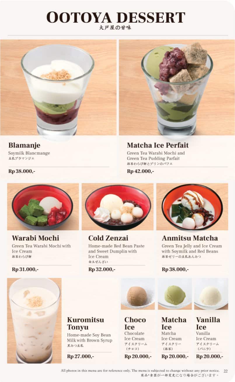 Menu at Ootoya restaurant, North Jakarta, Jalan Pantai Indah Kapuk