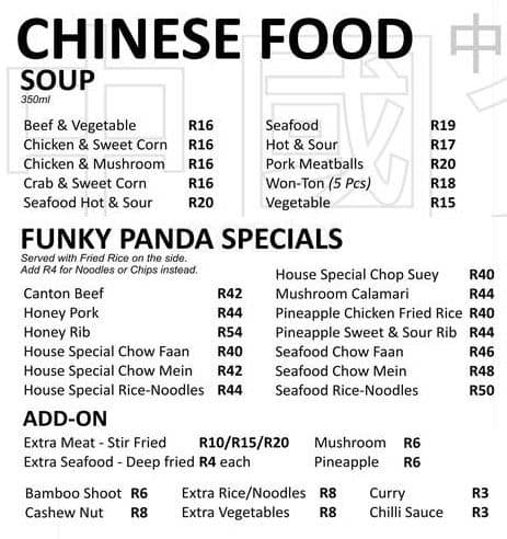Menu at Funky Panda Chinese Food & Sushi Bar, Pretoria