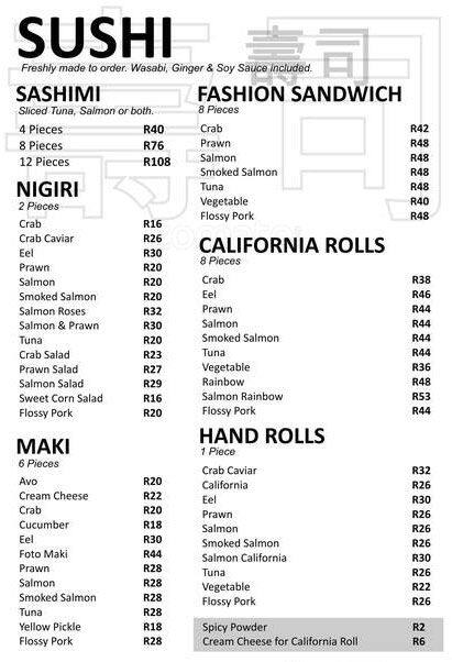 Menu at Funky Panda Chinese Food & Sushi Bar, Pretoria