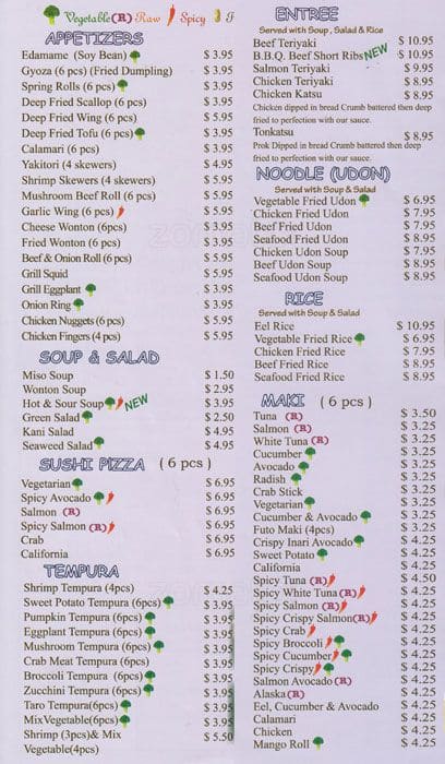 Menu at Oshima Sushi restaurant, Milton