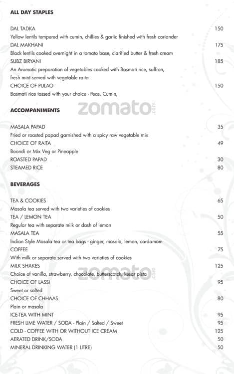 Menu at Indus, Ahmedabad, Cambay Sapphire