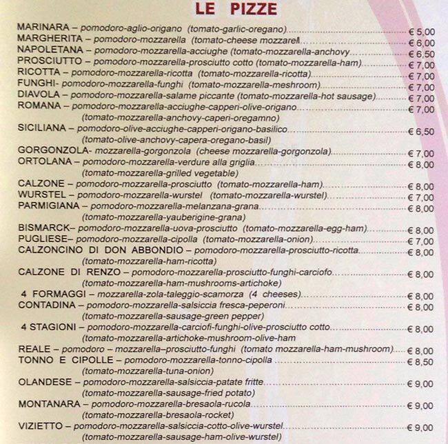 Menu at da Renzo e Lucia restaurant, Milan