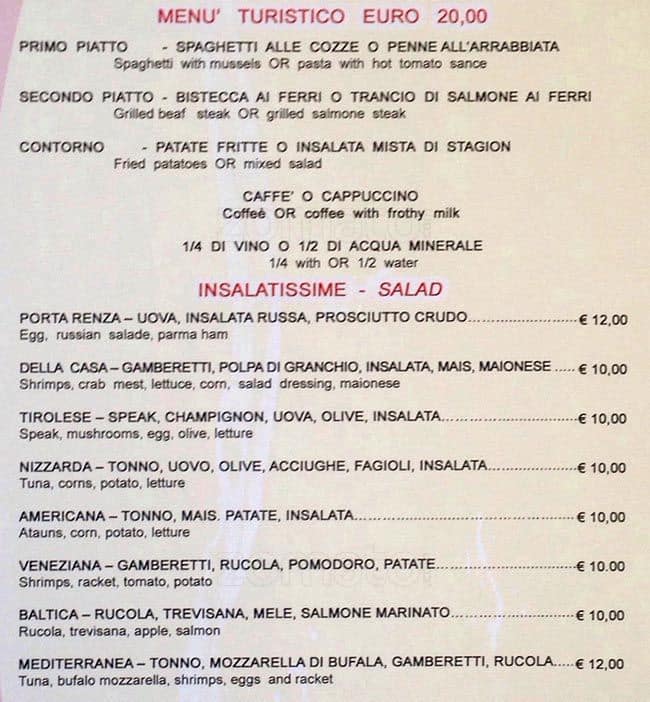 Menu at da Renzo e Lucia restaurant, Milan