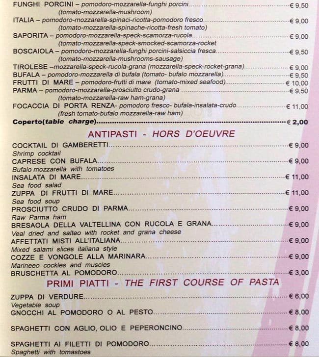 Menu at da Renzo e Lucia restaurant, Milan