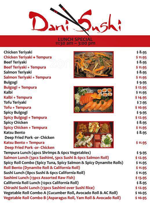 Menu at Dani Sushi restaurant, Toronto