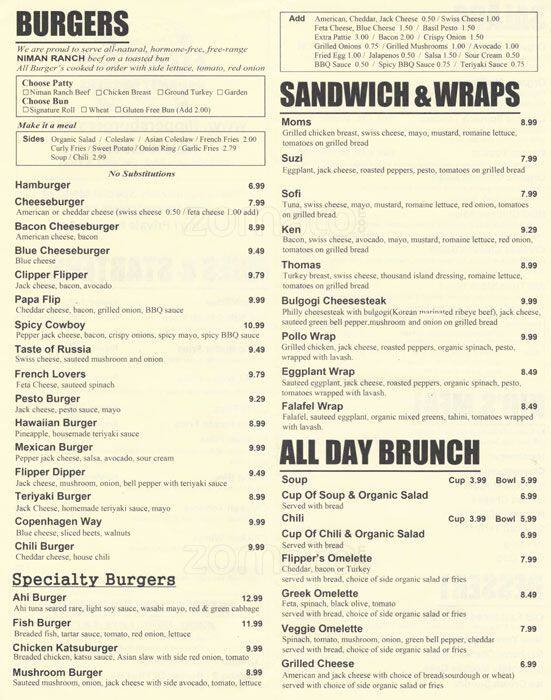 Menu at Flippers Gourmet Burgers restaurant, Oakland