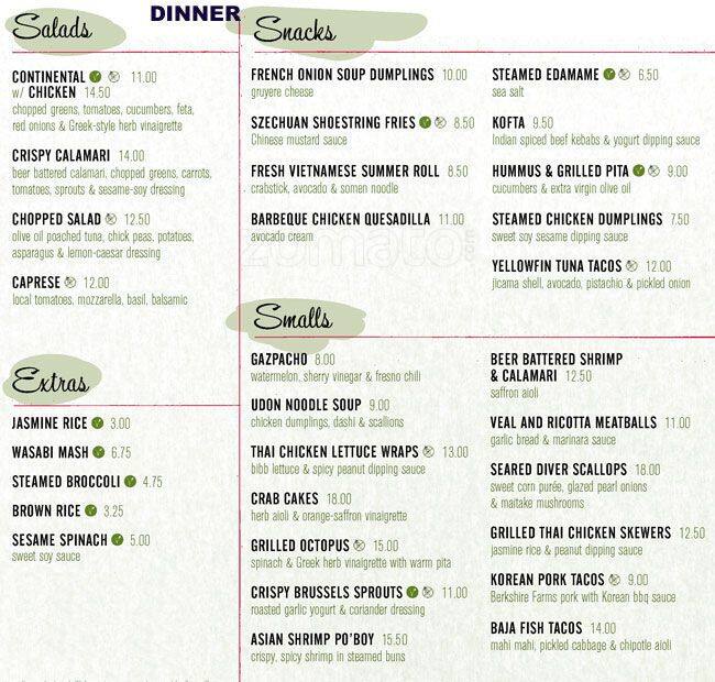 Menu at Continental Restaurant and Martini Bar, Philadelphia