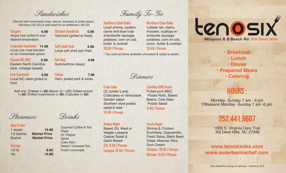 Menu at Ten O Six restaurant, Kill Devil Hills