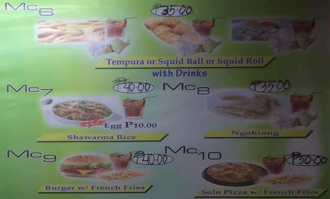 Menu at Mani's Cafe, Cebu City