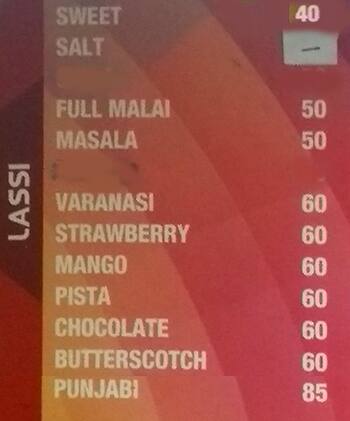 Menu at Lassi Factory, Chennai, 6