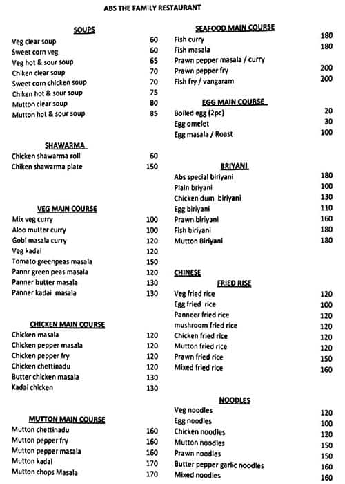 Menu at ABS the Family Reastaurant, Chennai