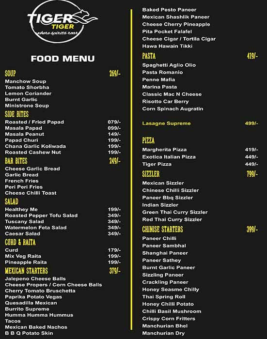 Menu of Tiger Tiger, Chembur, Mumbai