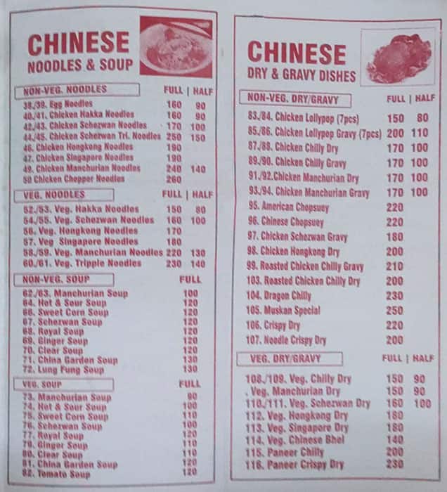 Menu of Muskan Chinese Corner, Versova, Andheri West, Mumbai