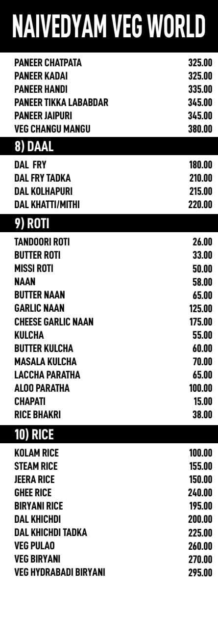 Menu of Naivedyam Veg World, Vasai, Mumbai
