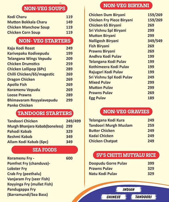 Menu of Sri Vishnu Restaurant, Madhapur, Hyderabad