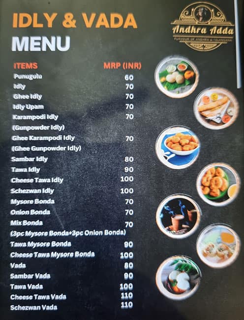 Menu of Andhra Adda, Sector 69, Gurgaon