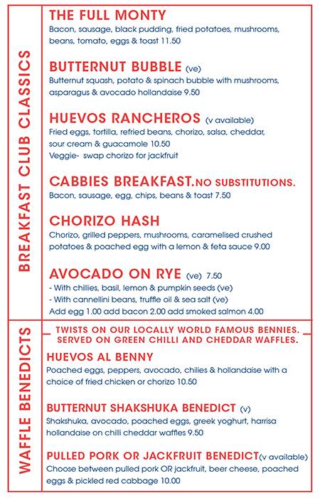 Menu at The Breakfast Club, London, 33 D'Arblay St